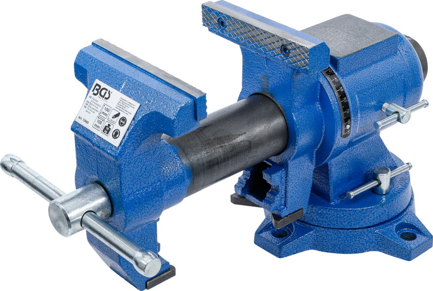 Étau parallèle mâchoires 100 mm, rotation 360°. Stabilité et polyvalence.