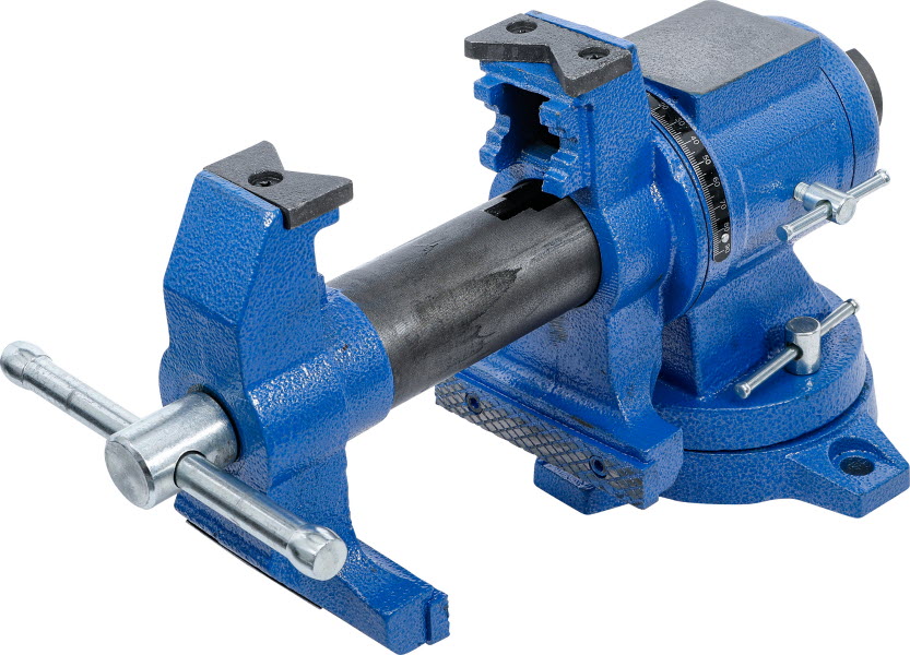 Étau parallèle mâchoires 100 mm, rotation 360°. Stabilité et polyvalence.